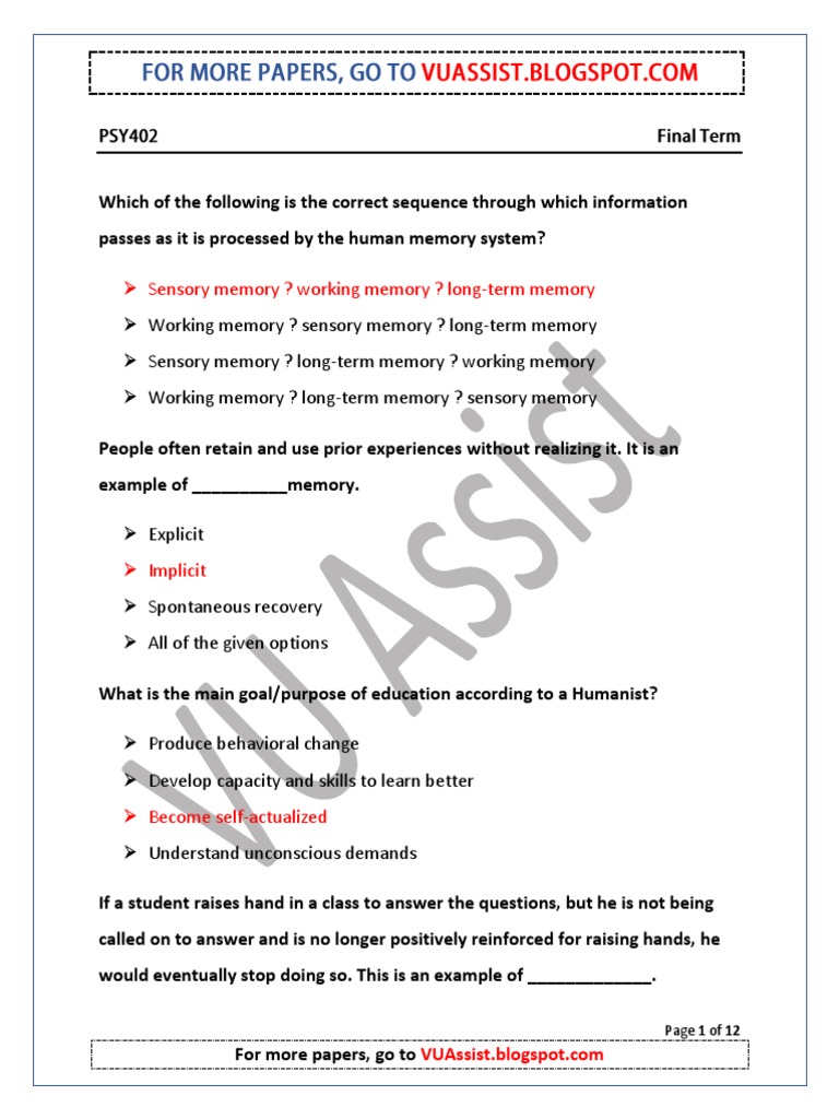 PSY402 Final Term Past Paper 2 PDF | PDF | Memory | Reinforcement