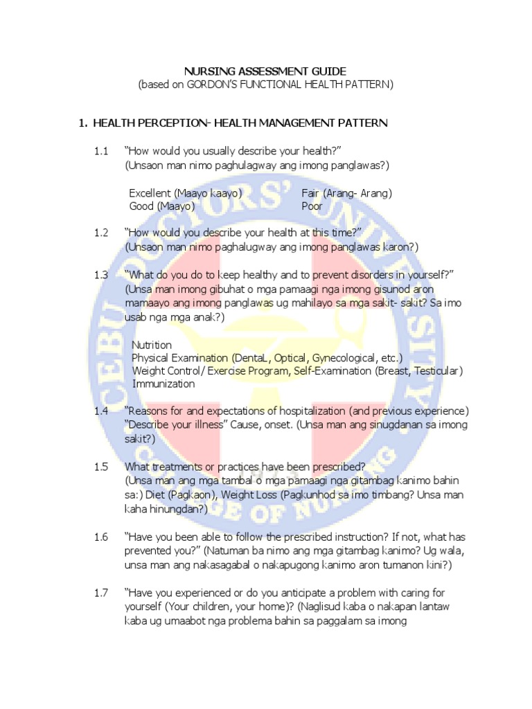 Nursing Assessment Guide Gordon's Functional Health Patterns | PDF ...