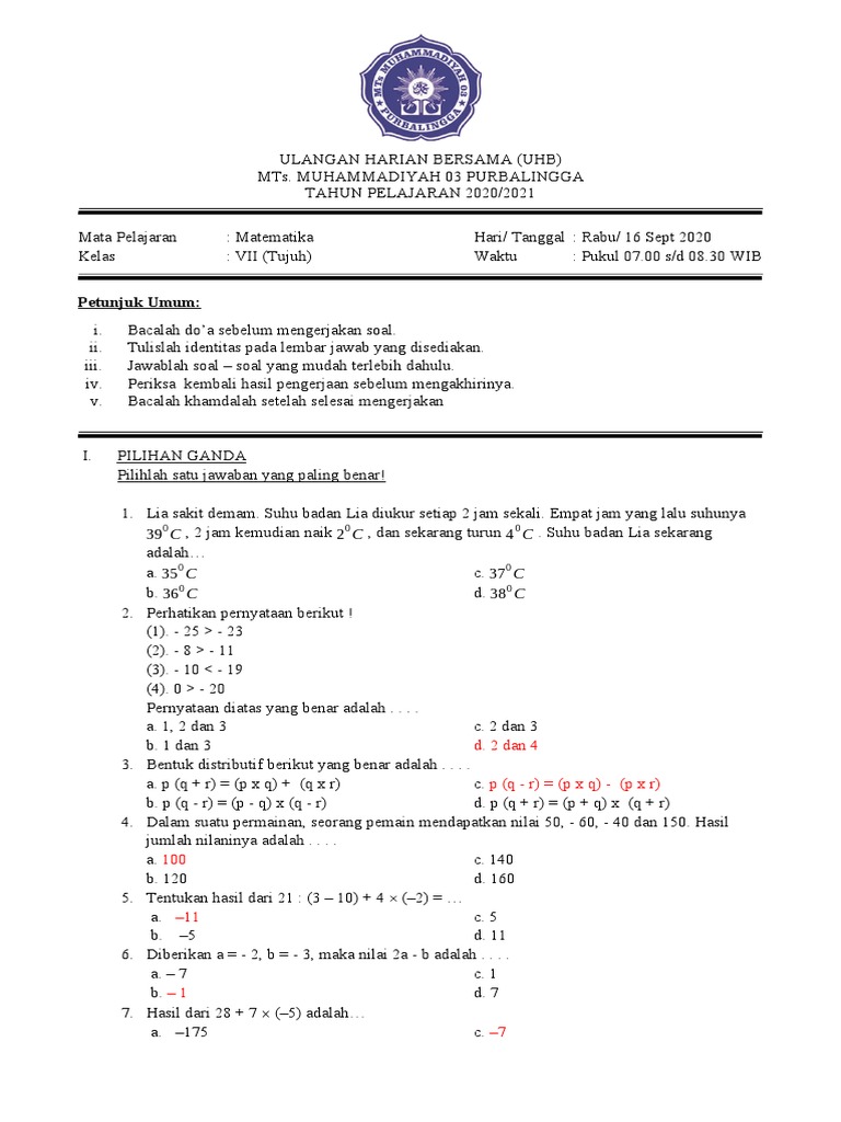 Ulangan Matematika Kelas VII | PDF | Metode & Bahan Ajar