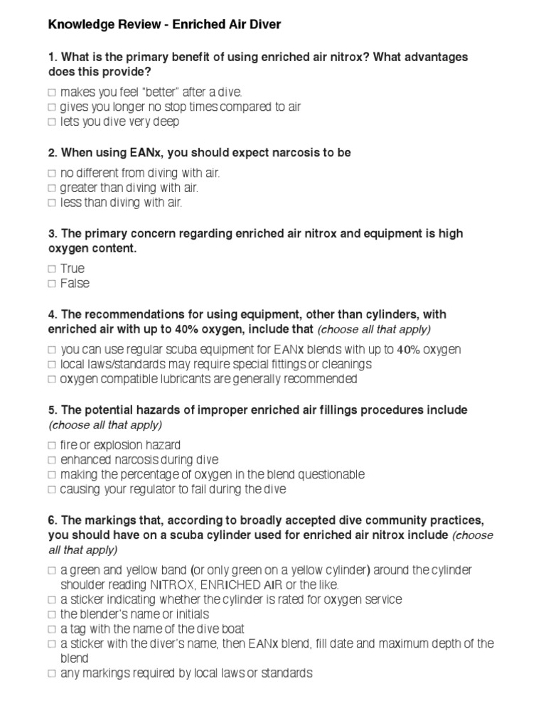 Enriched Air Knowledge Review Elearning | PDF | Scuba Diving ...