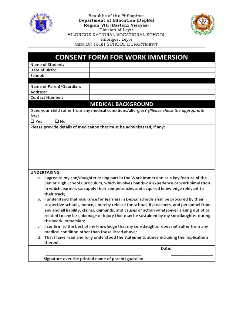 Consent Form For Work Immersion | PDF