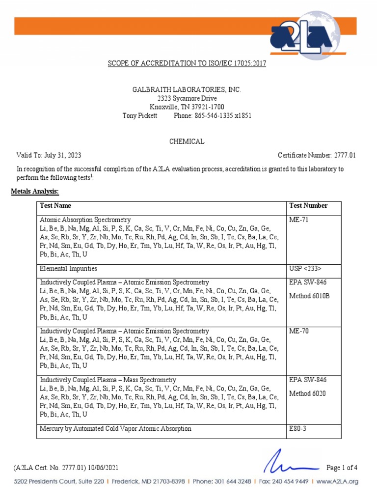 Galbraith Laboratories ISO 17025 Scope of Accreditation | PDF