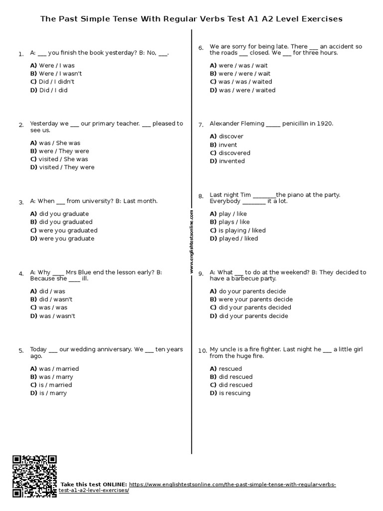 434 The Past Simple Tense With Regular Verbs Test A1 A2 Level Exercises ...