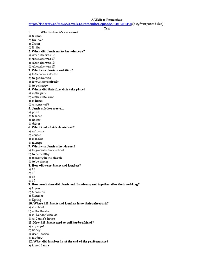 "A Walk to Remember Quiz & Vocabulary Guide" | PDF | Language Arts ...