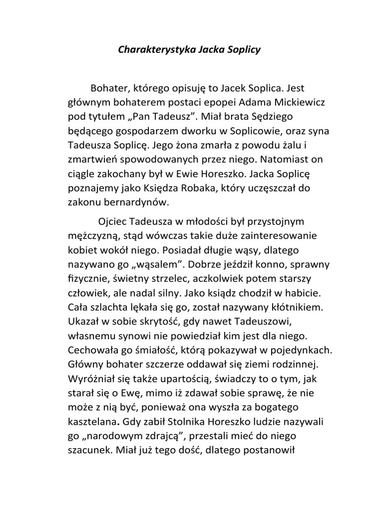 Charakterystyka Jacka Soplicy | PDF