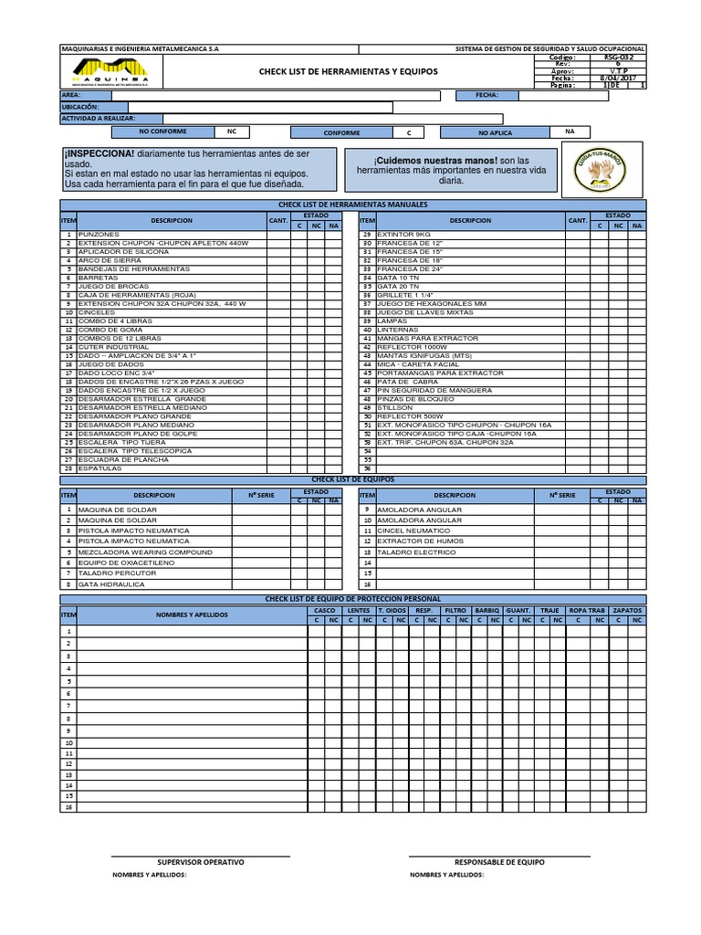 Check List de Herramientas y Equipos V6 | PDF
