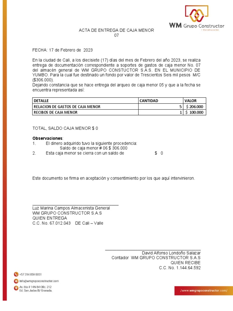 Acta de Entrega de Caja Menor 07 | PDF
