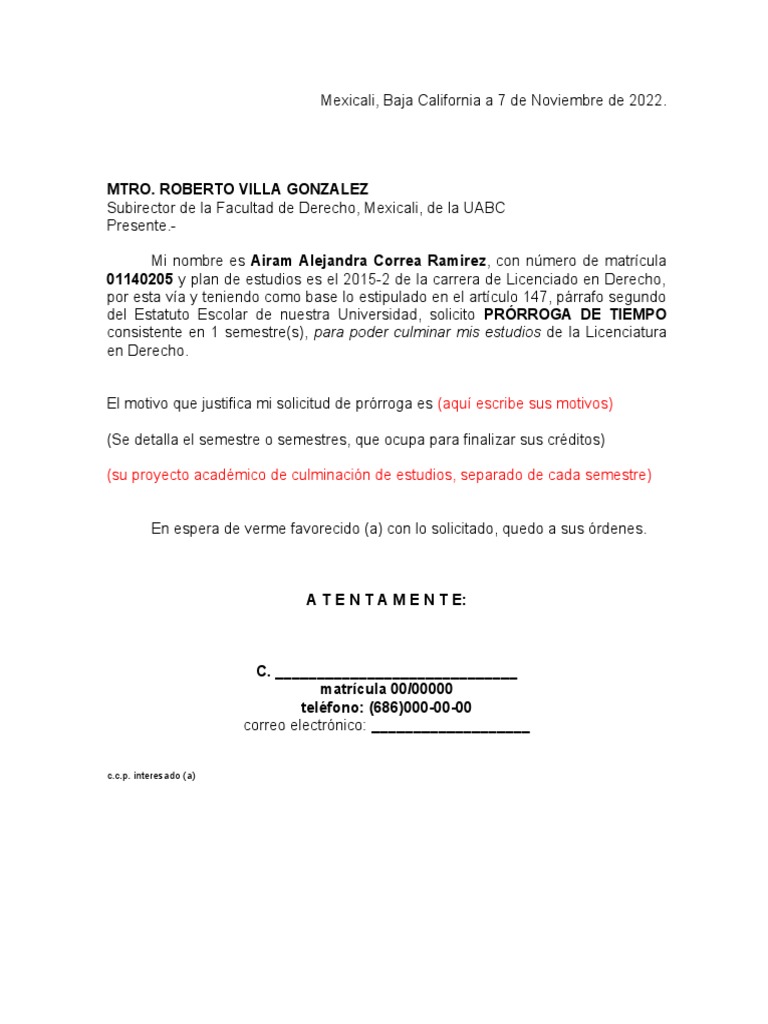 Ejemplo Solicitud De Prorroga Pdf