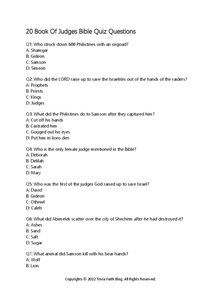 Book of Judges Bible Quiz Questions and Answers | PDF | Samson | Book ...
