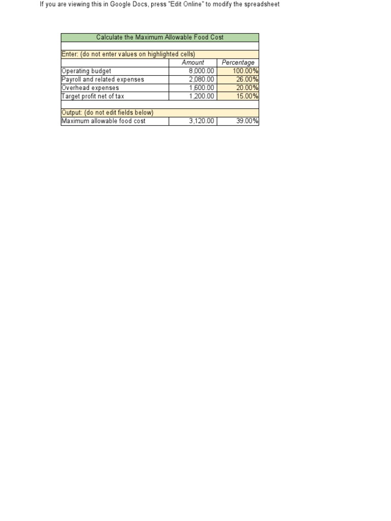 Maximum Allowable Food Cost Calculator | PDF Maximum Allowable Food Cost Calculator | PDF