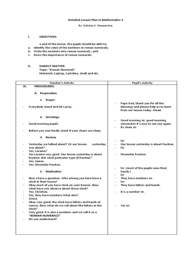 Detailed Lesson Plan in Mathematics 2 Roman Numerals | PDF