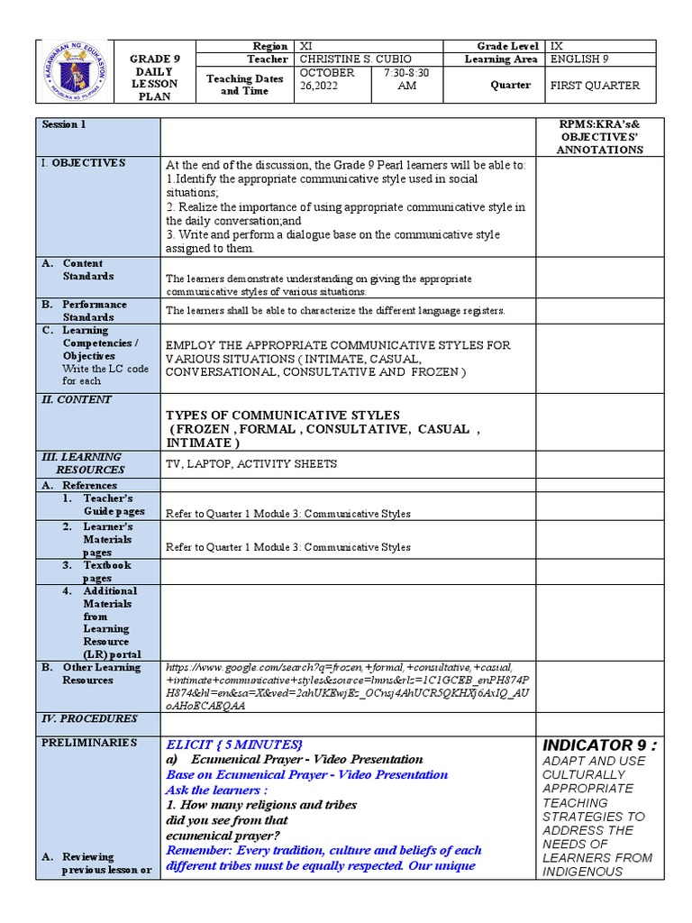 DLP c01 Sy.2022 2023 English 9 Communicative Styles | PDF | Learning ...