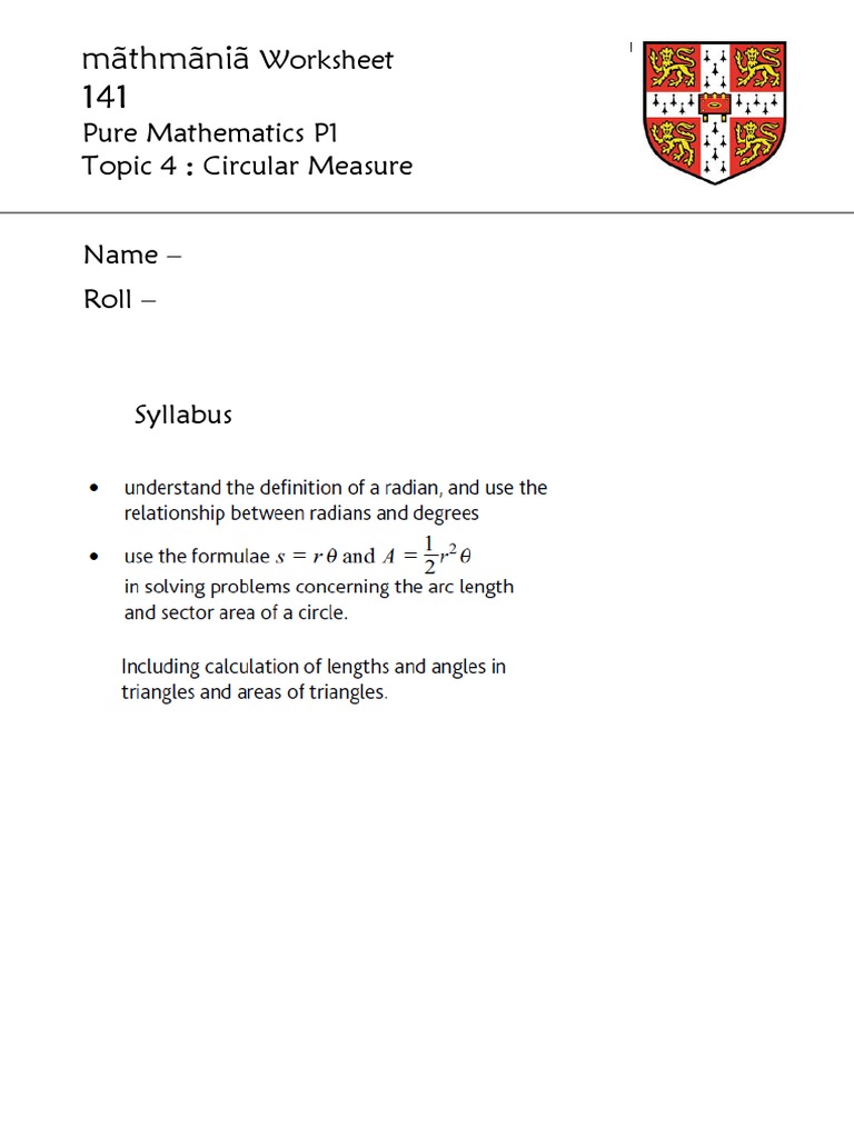 141 Topic 4 Circular Measure | PDF