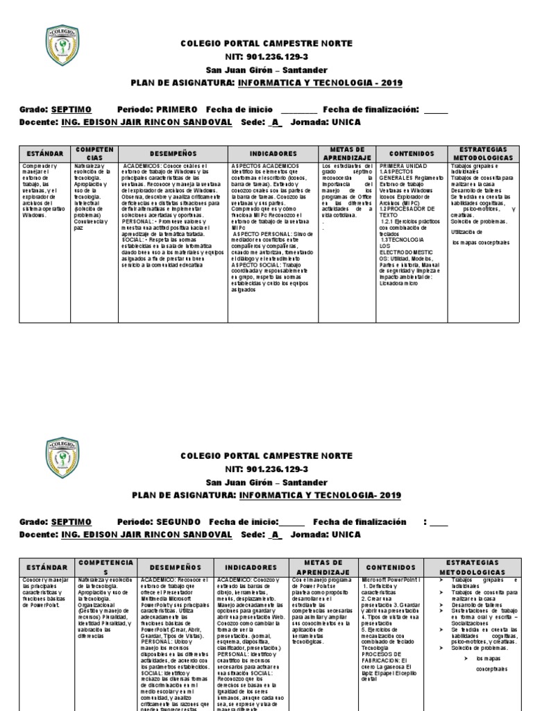 Plan Asignatura Informatica Septimo | PDF | Microsoft PowerPoint | Aprendizaje