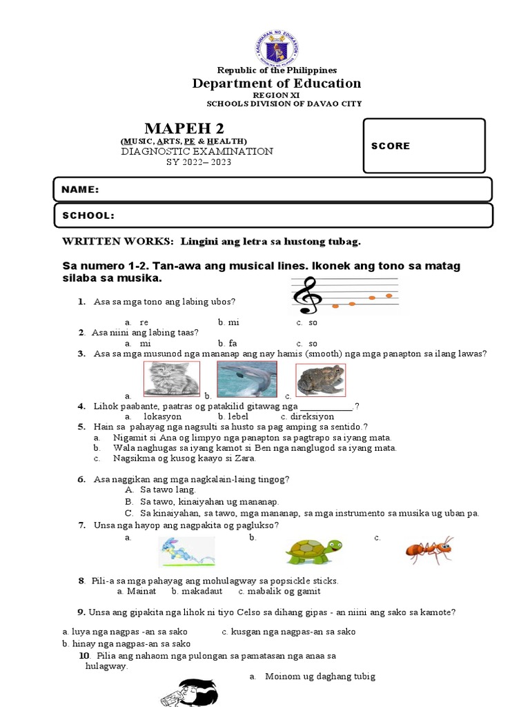 Mapeh Diagnostic Exam Grade 2 | PDF