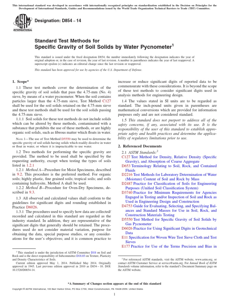 ASTM D854 Standard Test Methods For Specific Gravity of Soil Solids by ...