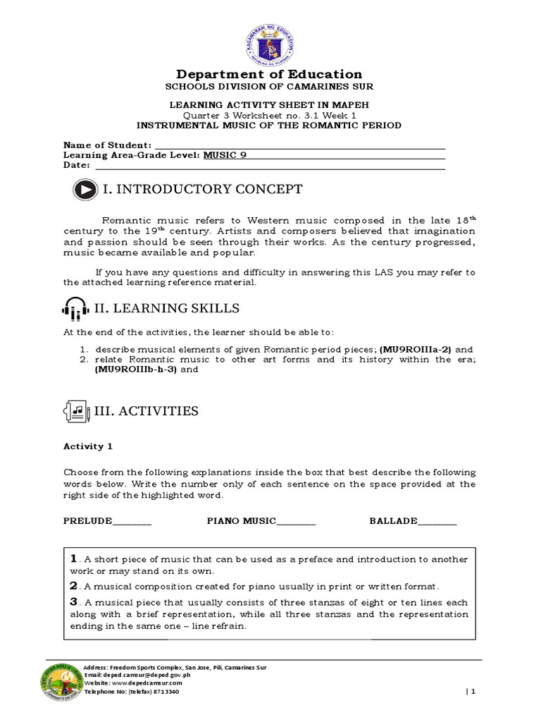 Music 9 Worksheet 3.1 | PDF | Performing Arts