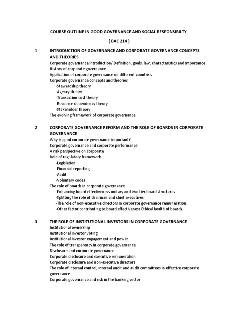 Good Governance & CSR Course Outline | PDF | Corporate Social ...