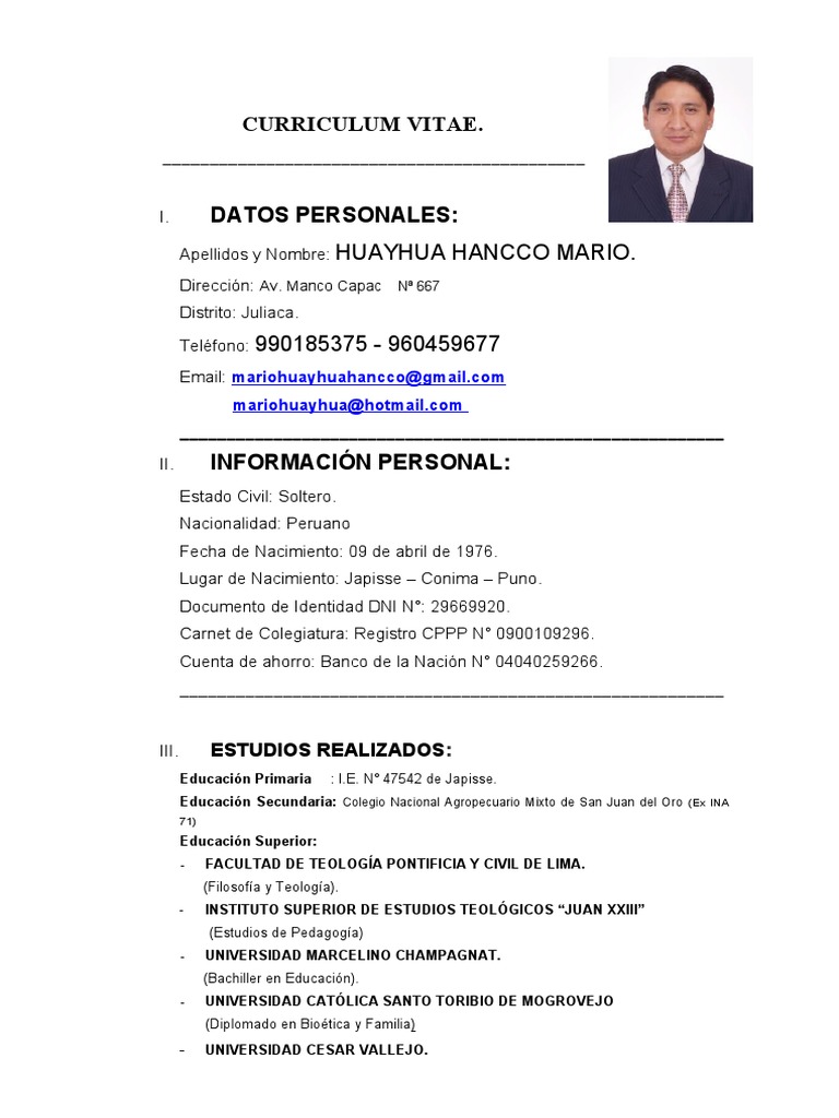 Curriculum Vitae Mario Huayhua | PDF | Lima | Seminario