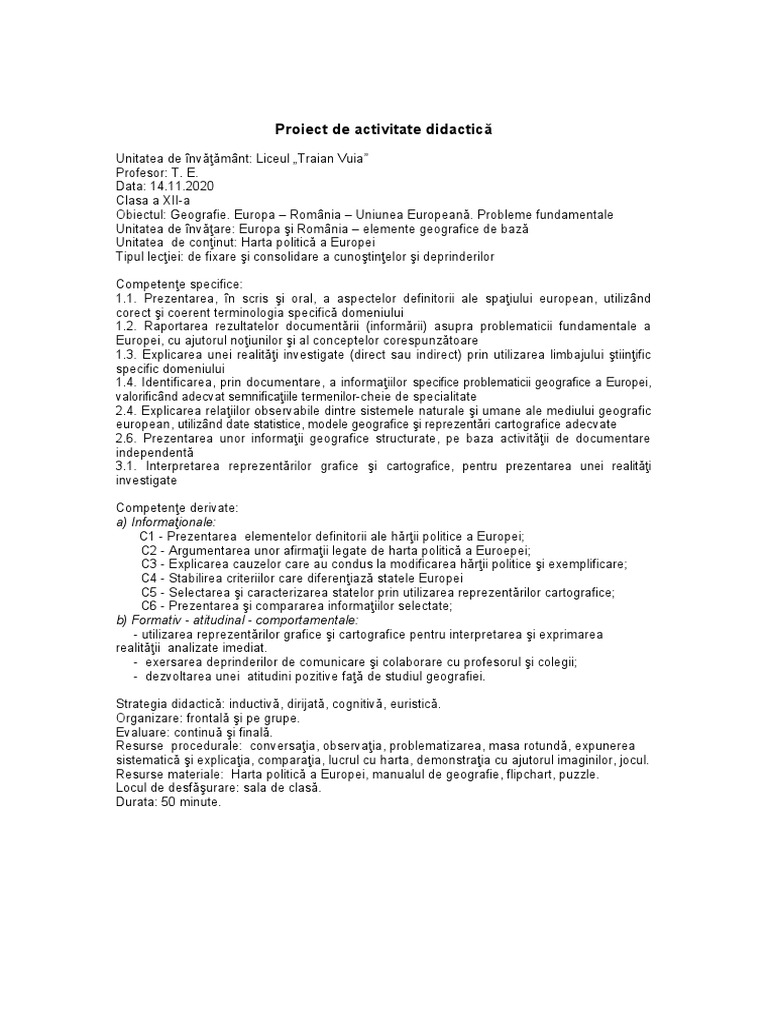 Proiect Lectie Harta Politica A Europei | PDF