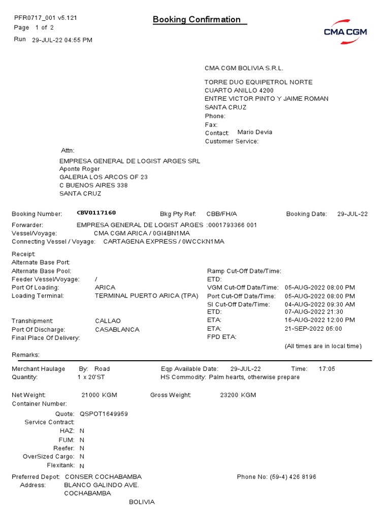 Booking Confirmation for CMA CGM Cargo | PDF | Cargo | Bill Of Lading