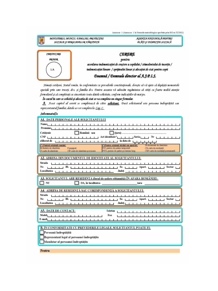 Cerere Tip (Anexa 1) Pentru Indemnizatie, Stimulent de Crestere Copil Si Alocatie de Stat | PDF