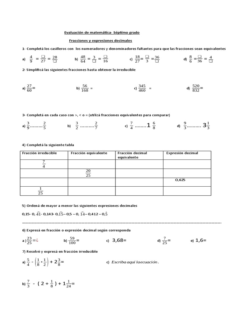 Evaluación de Matemática Septimo Grado Fracciones | PDF | Convenciones ...