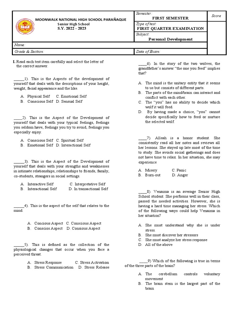 Personal Development Exam Questions | PDF