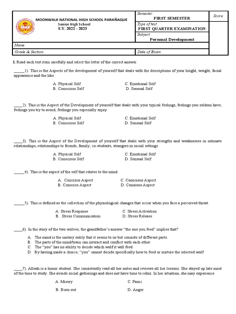 Personal Development Periodical Exam | PDF | Developmental Psychology ...