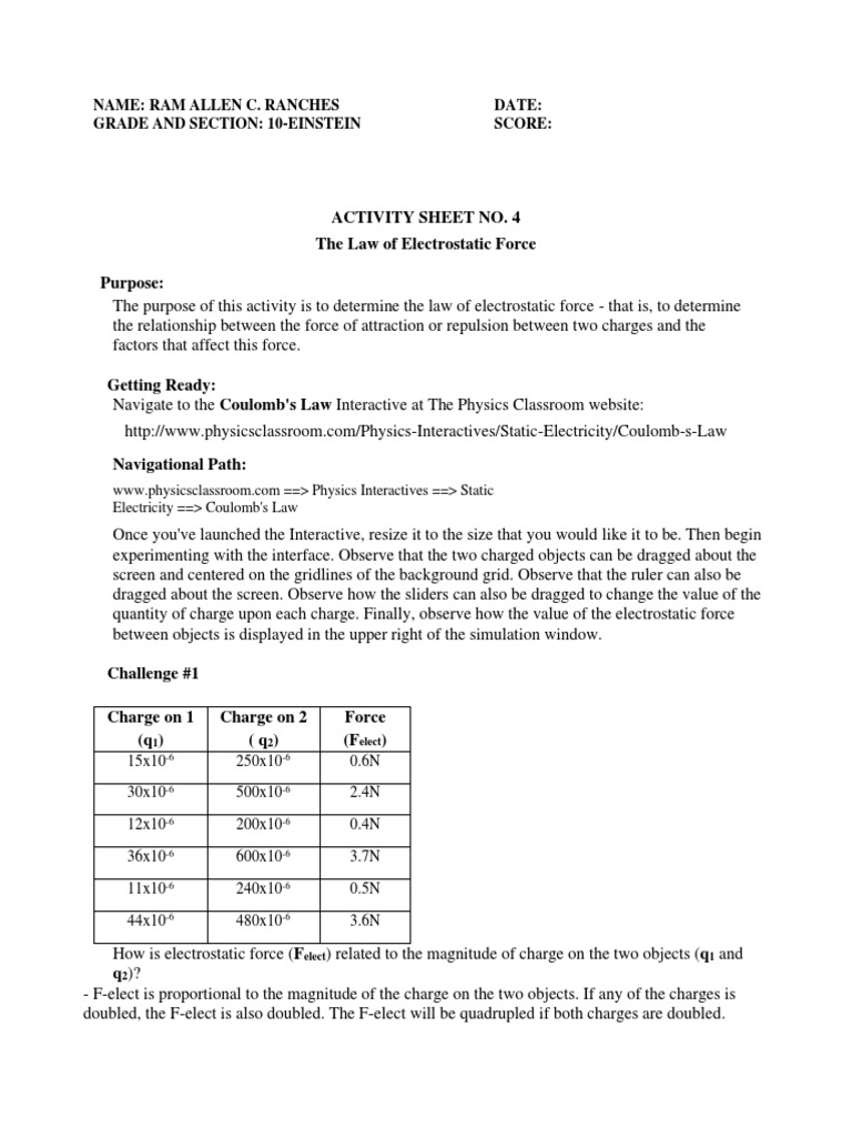 Ram Allen C. Ranches Activity4 Electrostatic Force | PDF