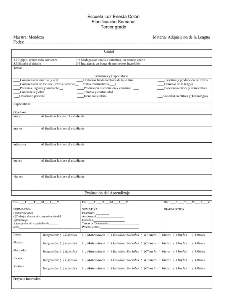 Plan Semanal Adquisicion de La Lengua 1 | PDF | Cognición