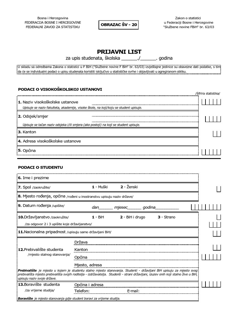 Prijavni List SV - 20 Bos | PDF