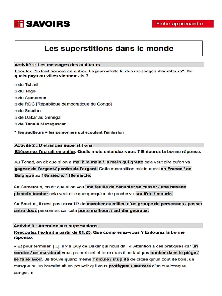 Les Superstitions Exercice PDF | PDF