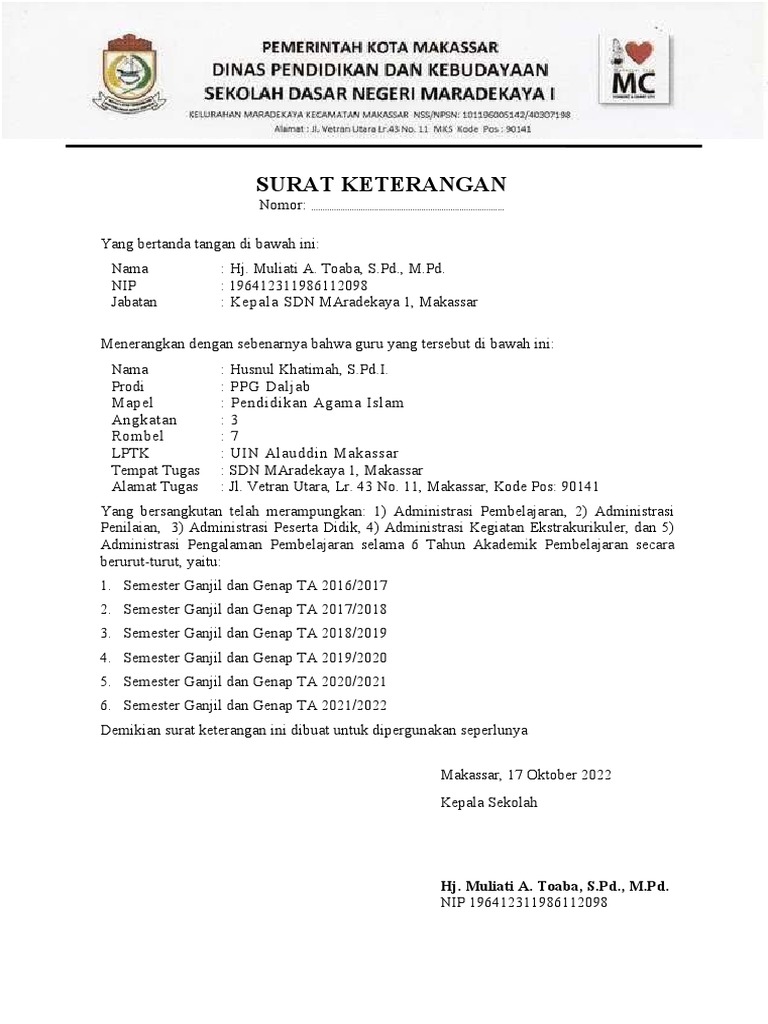 Cth Surat Keterangan Administrasi Pelaksanaan Pembelajaran Pdf 