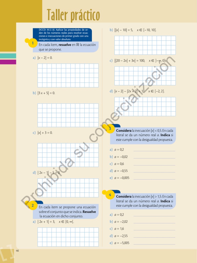 Resolución de ecuaciones e inecuaciones con valor absoluto y aplicación de propiedades de orden ...