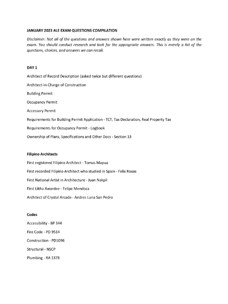 January 2023 Ale Exam Questions Compilation | PDF