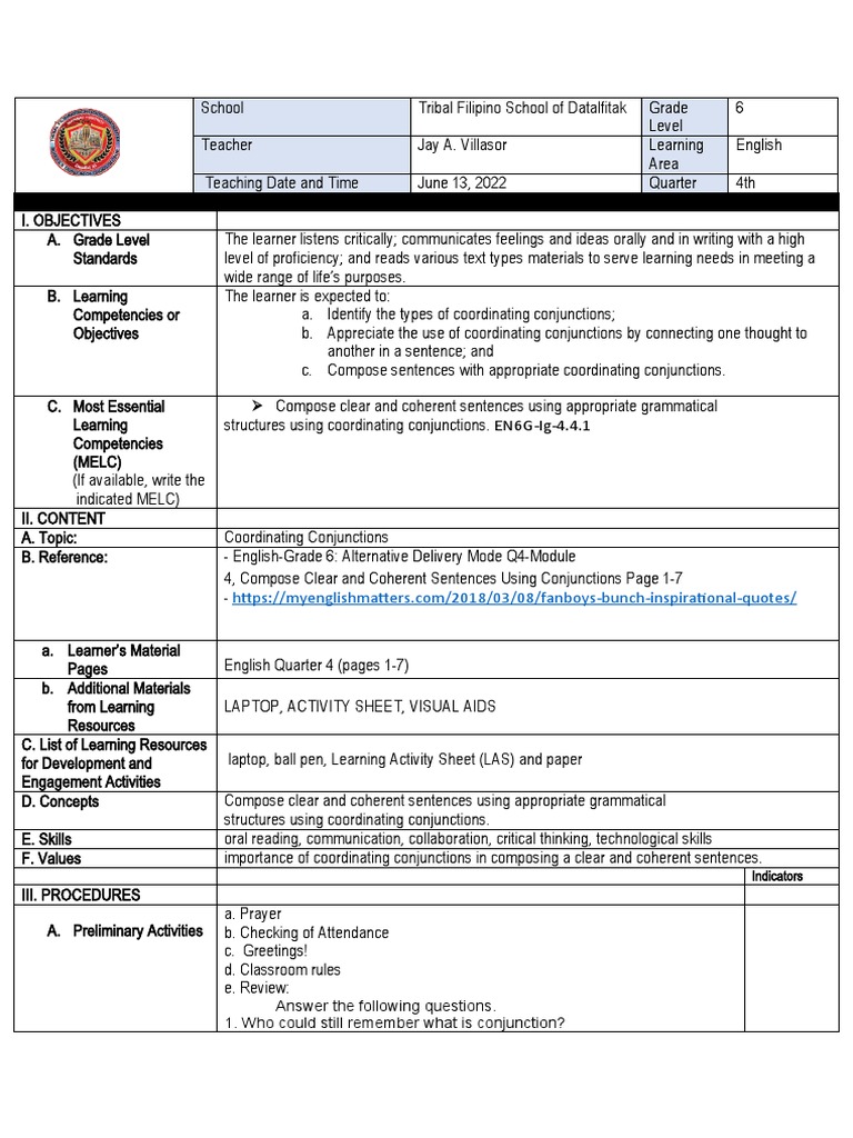 Coordinating Conjunctions Lesson Plan | PDF
