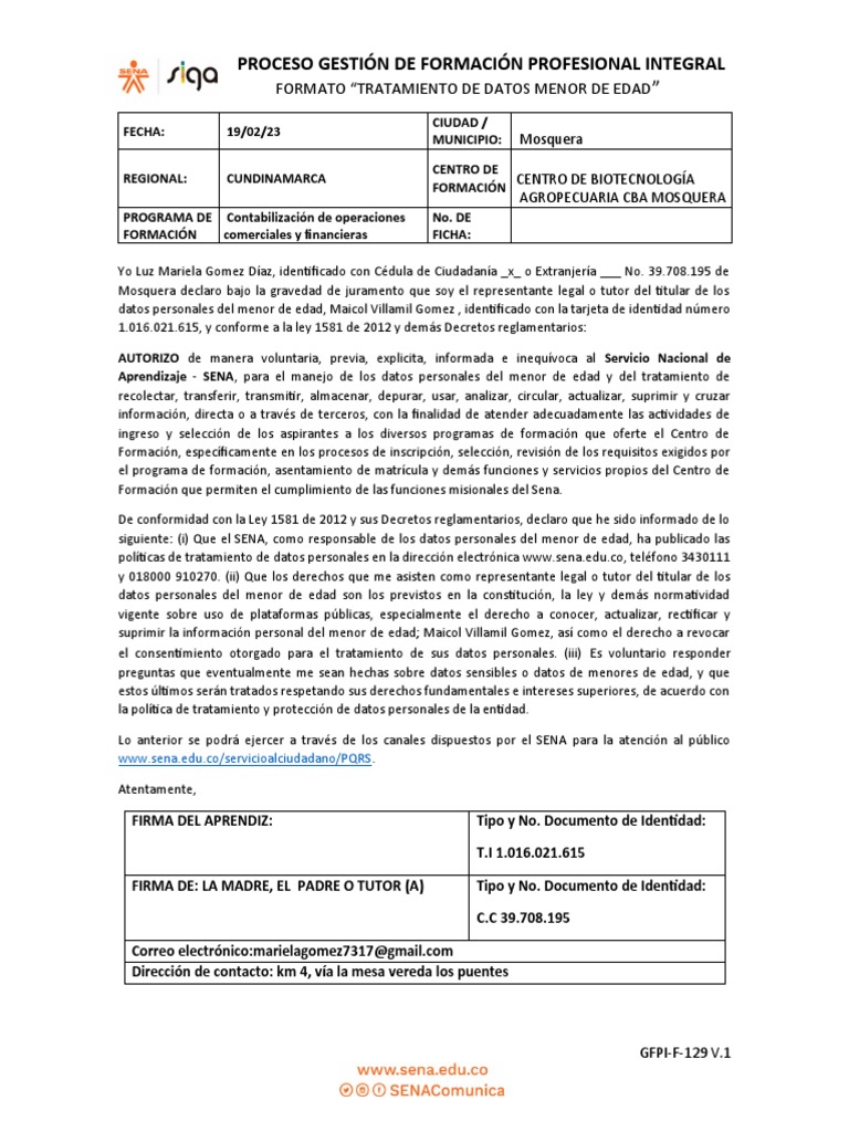 FORMATO 4 GFPI-F-129 Formato Tratamiento de Datos Menor de Edad | PDF