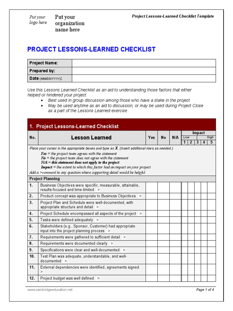 Lessons Learned Checklist Template | PDF Lessons Learned Checklist Template | PDF