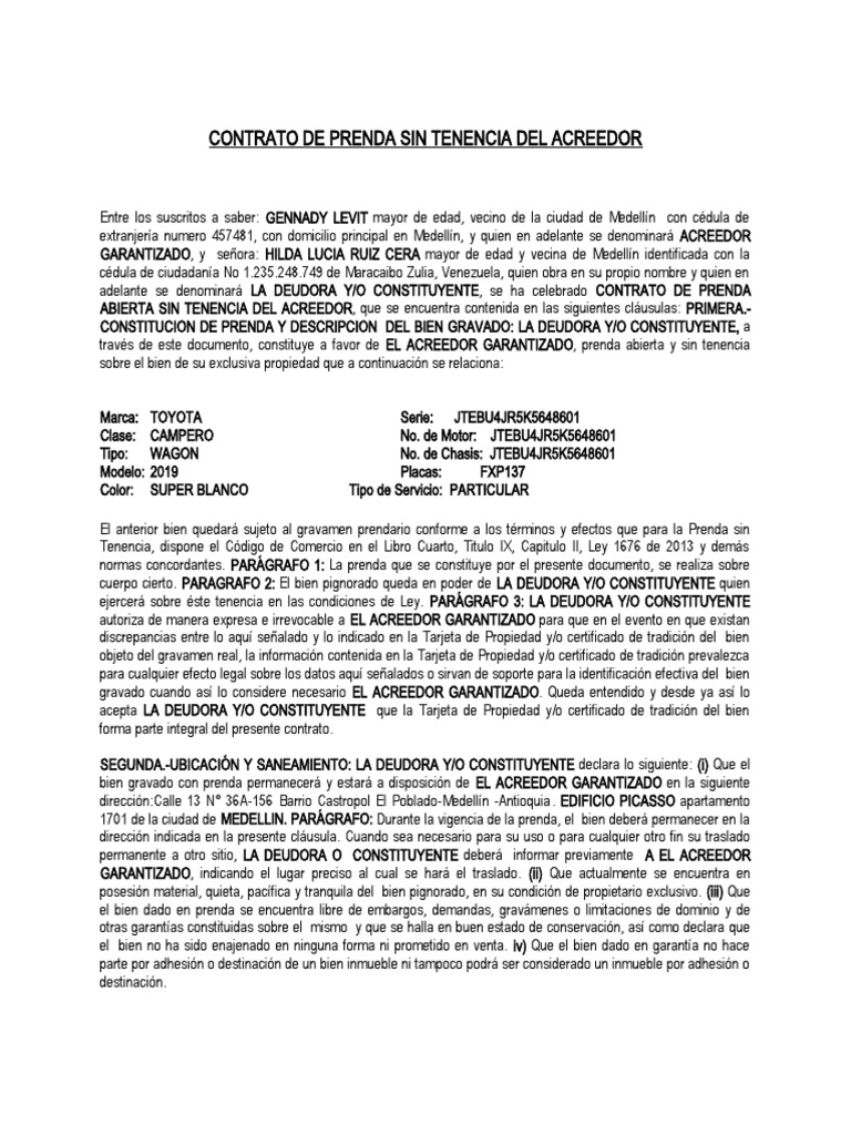 Contrato de Prenda Transito | PDF | Pagos | Seguro