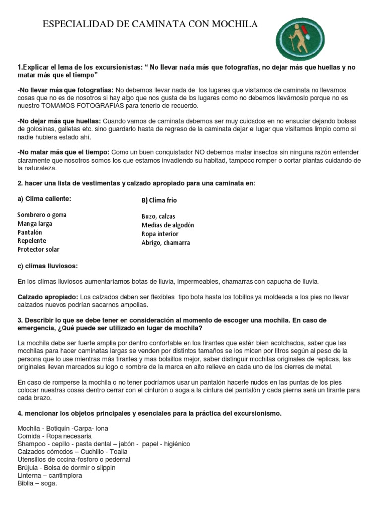 Especialidad de Caminata Con Mochila | PDF | Alimentos | Agua Especialidad de Caminata Con Mochila | PDF | Alimentos | Agua