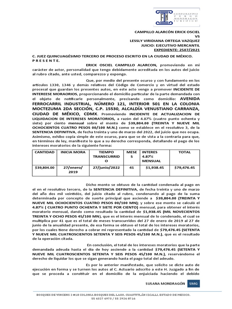 Incidente de Intereses Moratorios Erick Campillo | PDF | Gobierno