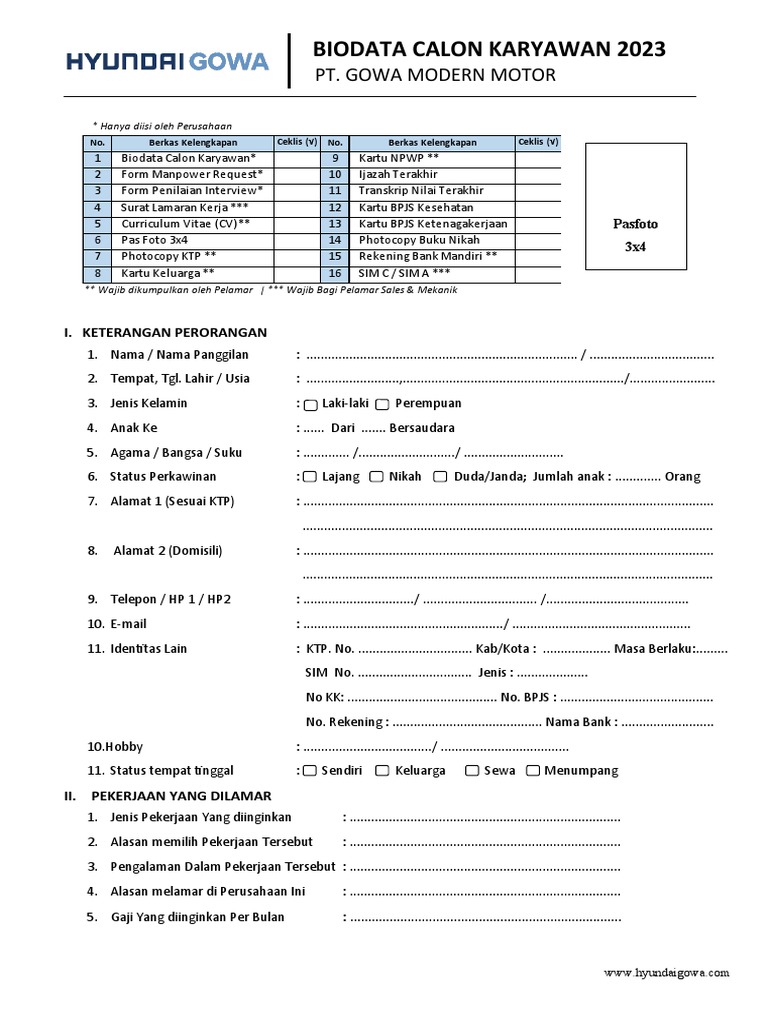 Form Biodata Lamaran 2023 Hyundai Gowa. NOTED AAN | PDF