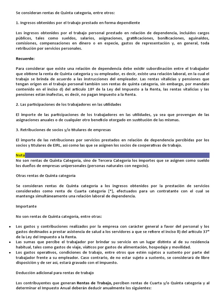 Rentas de Quinta Categoría: Definición y Deducciones | PDF | Impuesto ...