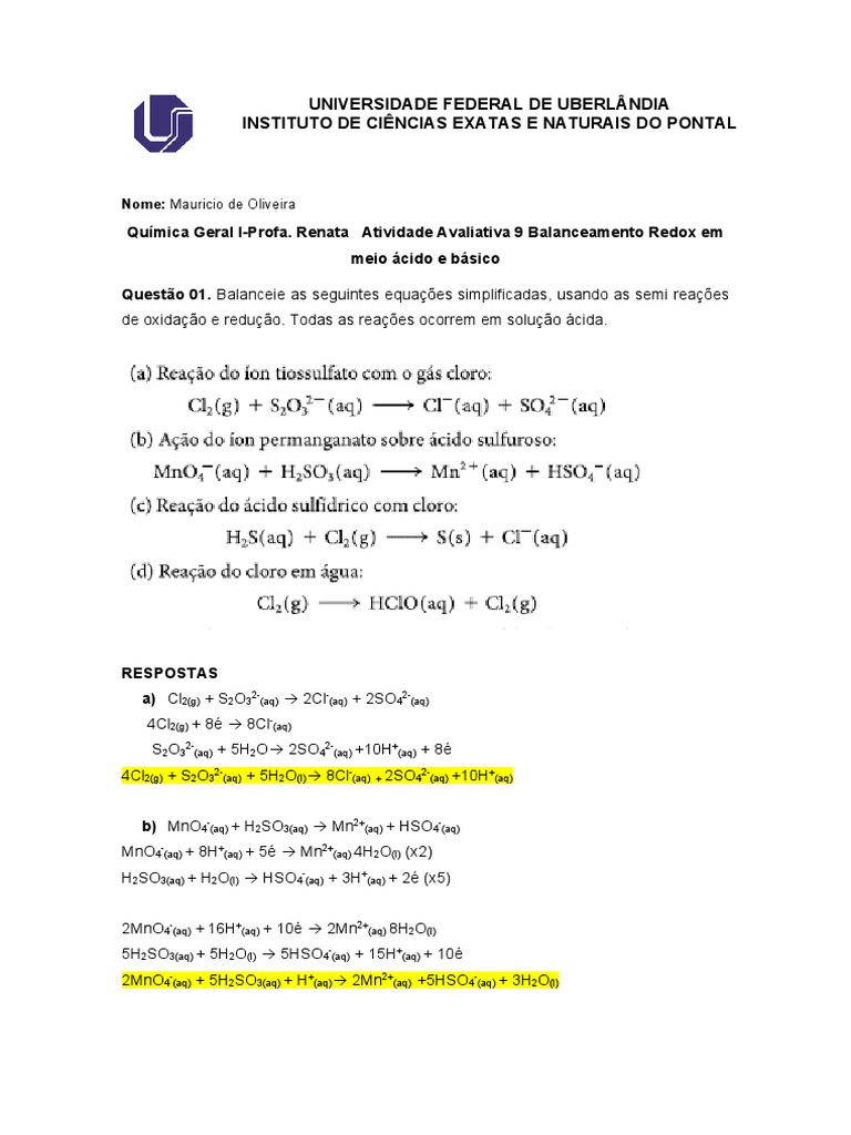 Balanceamento Redox Em Meio ácido E Básico Pdf Cloro Reações Químicas