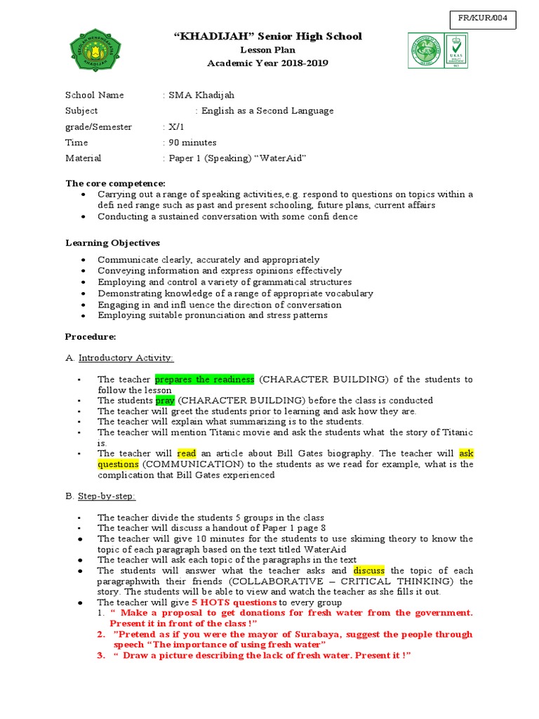 ESL 1 Speaking HOTS | PDF