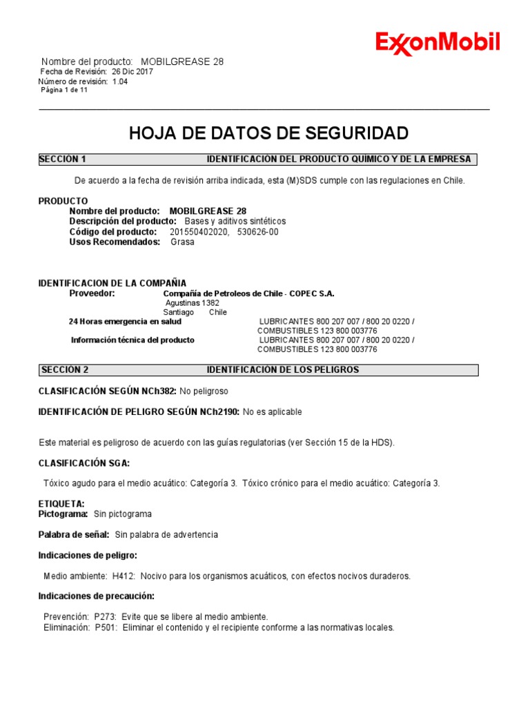 Hoja de Seguridad MOBILGREASE 28 | PDF