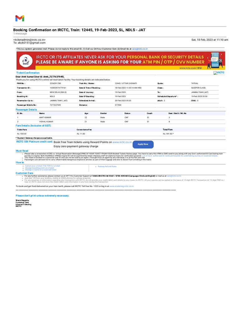 Gmail - Booking Confirmation On IRCTC, Train - 12445, 19-Feb-2023, SL ...