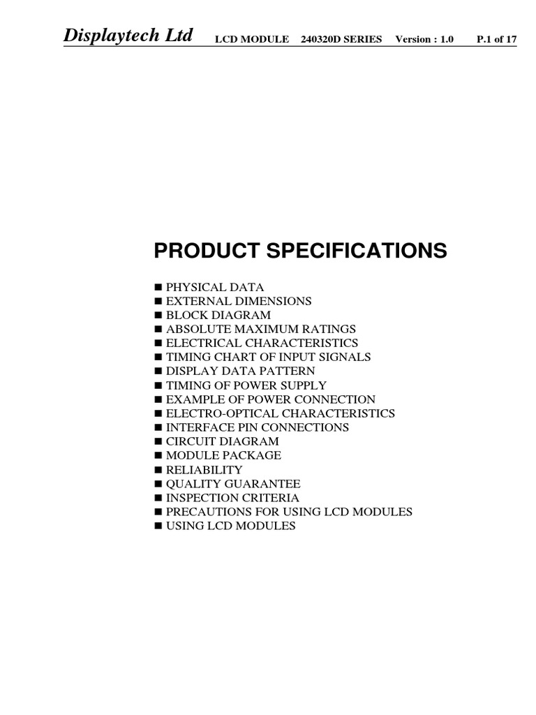 Product Specifications: Displaytech LTD | PDF | Soldering | Liquid ...
