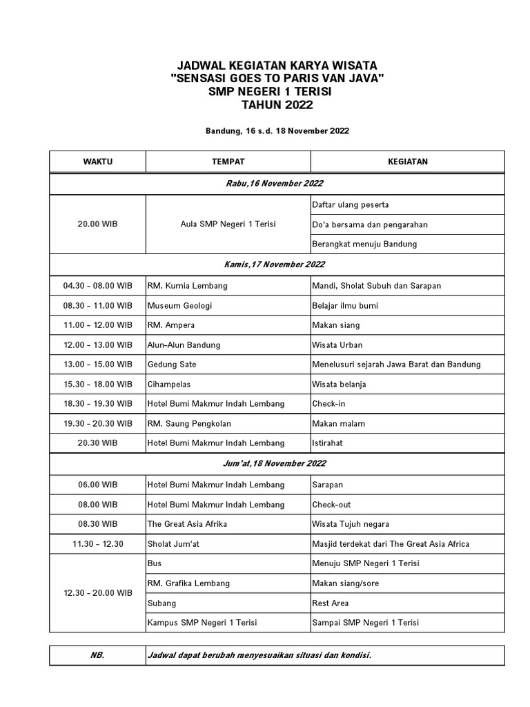 Jadwal Kegiatan Study Tour 2022 | PDF